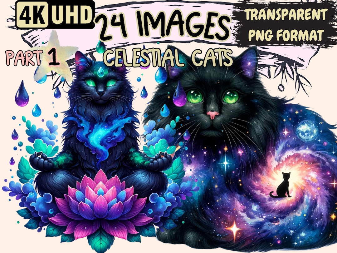 Celestial Cats Clipart - 24 PNG Mystical Cat Graphics, Starry Mystical Kitten Printables ...