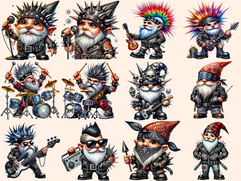 Punk Gnomes Clipart – 27 Edgy Rock Art PNG Illustrations (digital ...