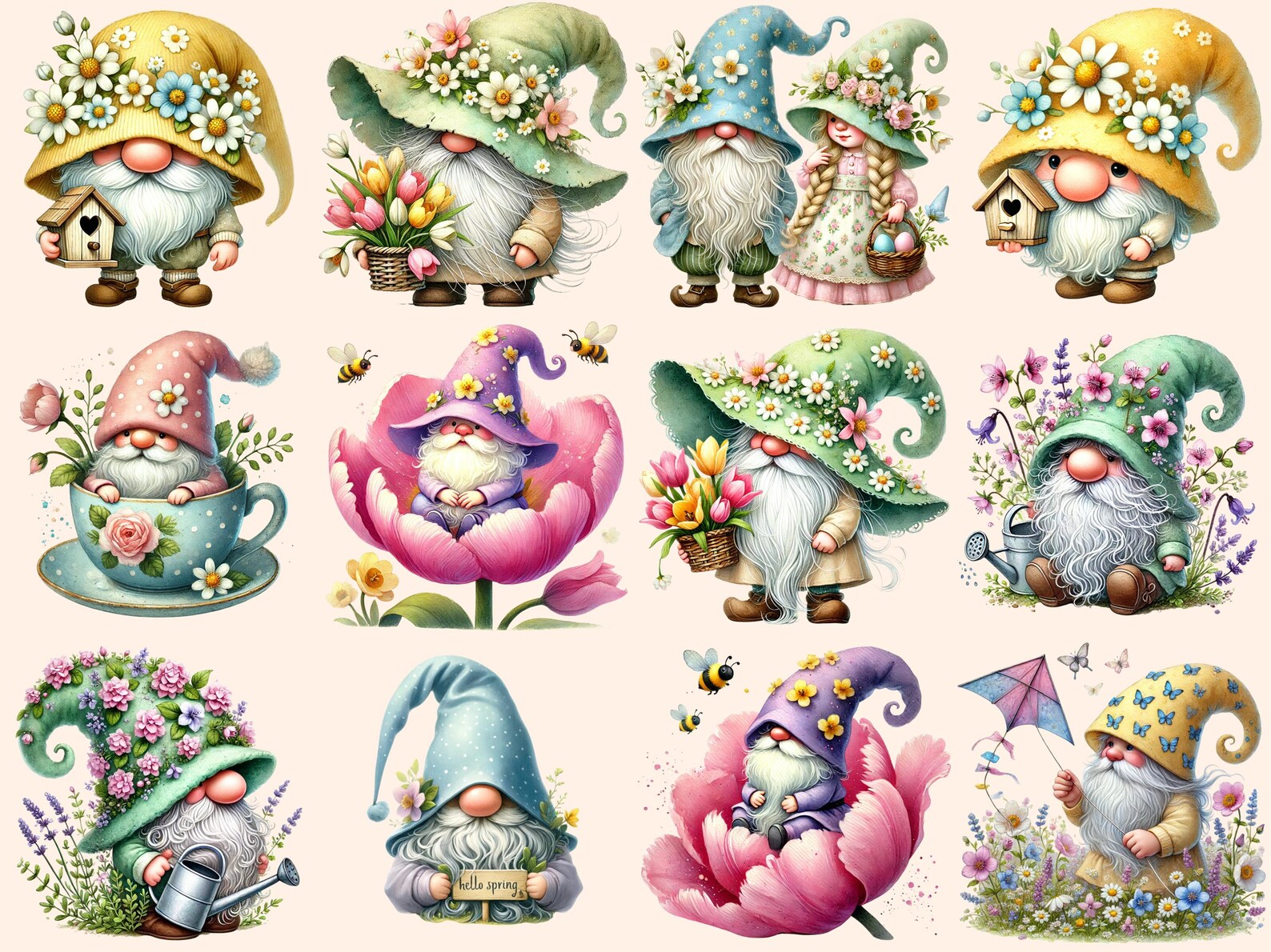 Floral Spring Gnomes Clipart – Garden PNG Graphics (digital Download ...