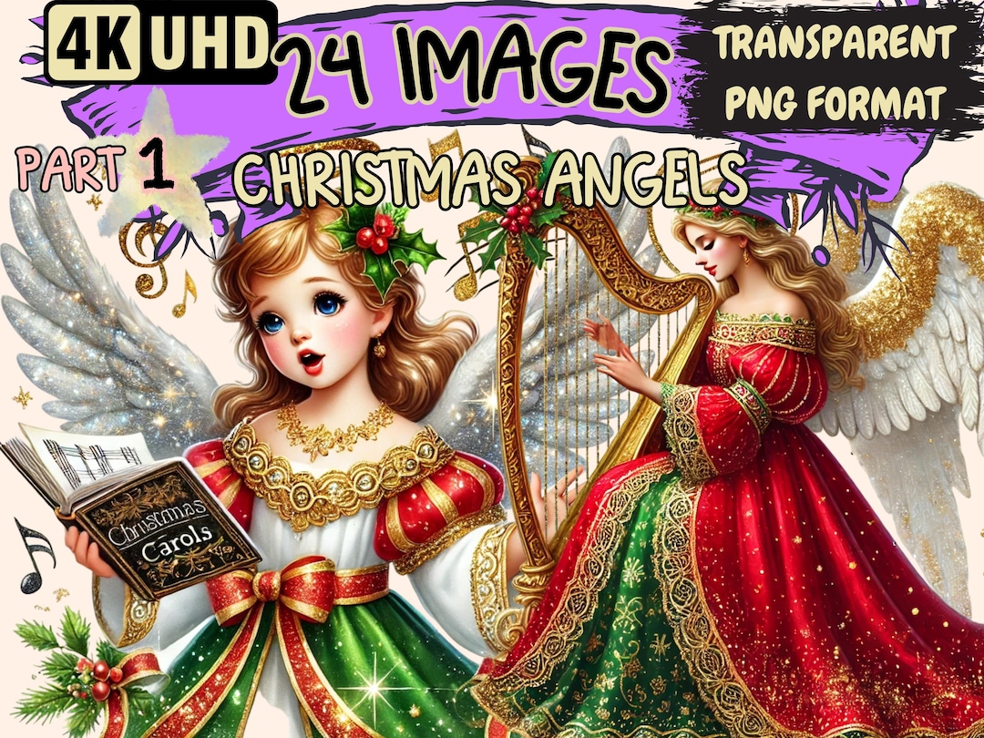 Christmas Angels Clipart - 24 PNG Festive Angel Illustrations, Holiday ...
