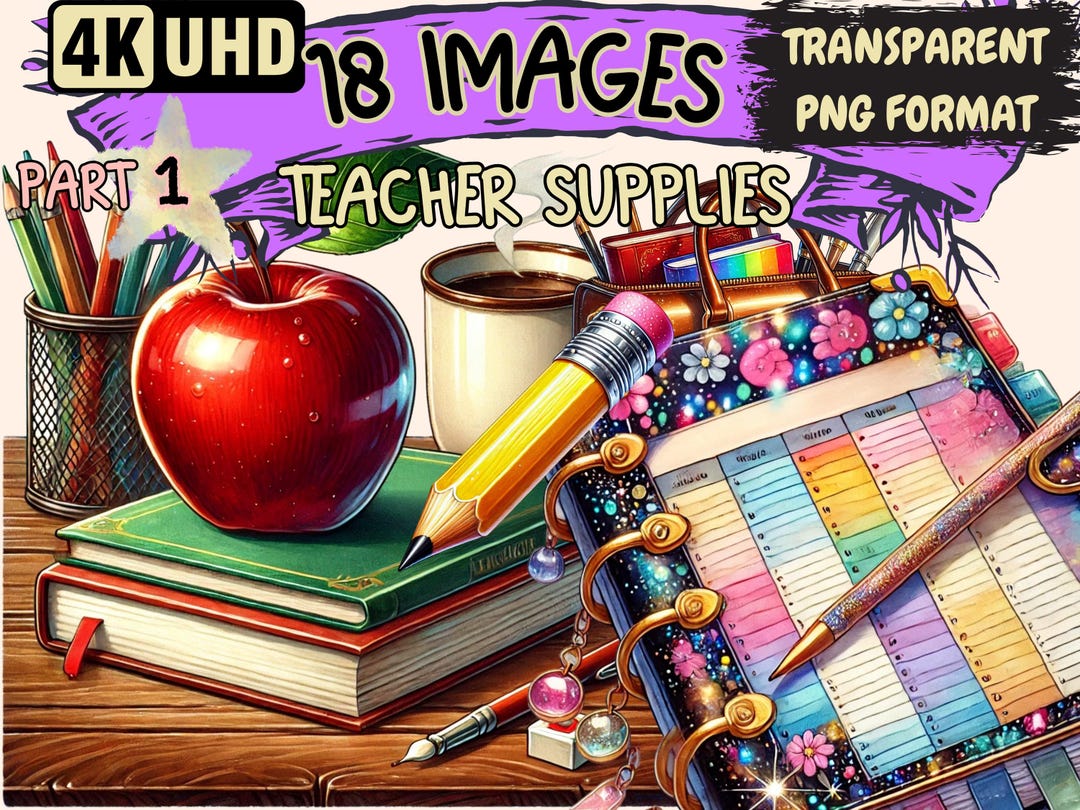 Teacher Supplies Clipart – 18 PNG Classroom Illustrations (digital ...