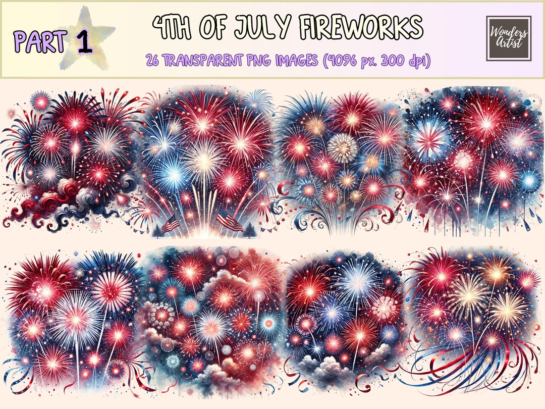 4th of July Fireworks Clipart - 26 PNG Patriotic Sparkle Graphics, Red ...