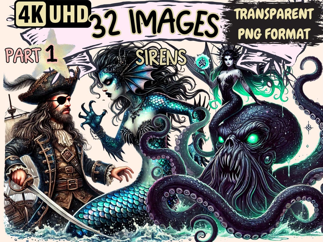 Sirens Clipart – 32 Mythical Sea Creature PNG Illustrations (digital ...