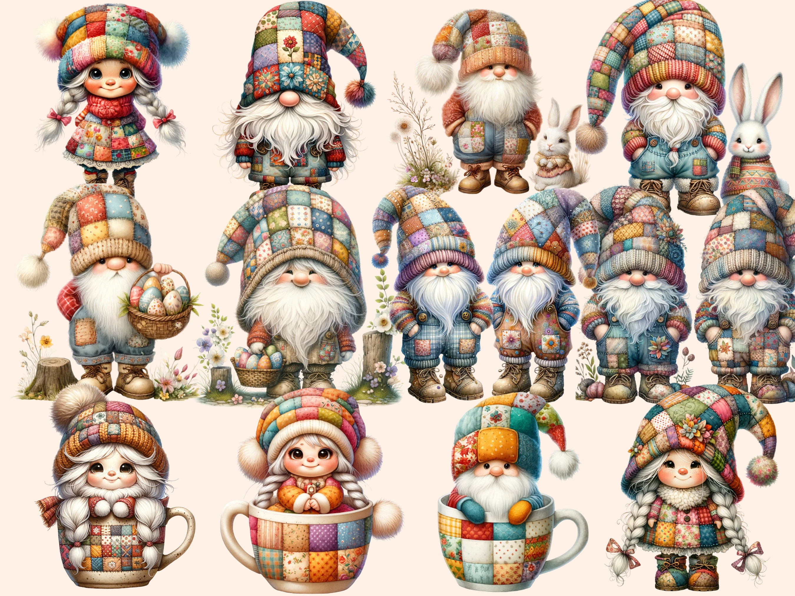 Patchwork Gnomes Clipart Bundle 25 PNG Cottagecore Gnomes, Cute Cozy ...
