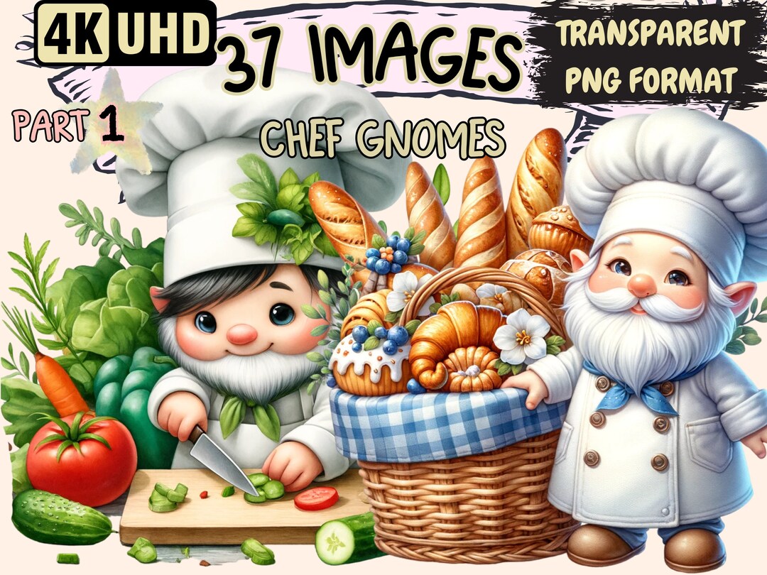 Chef Gnomes Clipart Bundle - 37 PNG Cute Gnome Graphics, Adorable ...