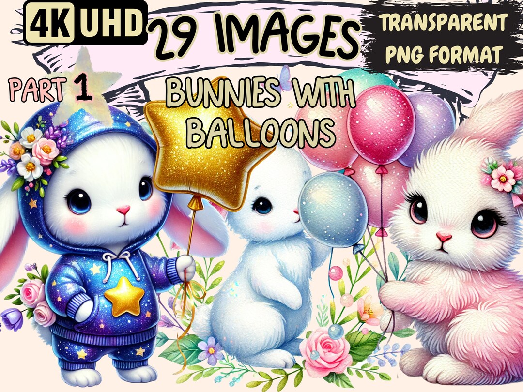 Bunnies With Balloons Clipart - 29 PNG Cute Rabbit Illustrations ...
