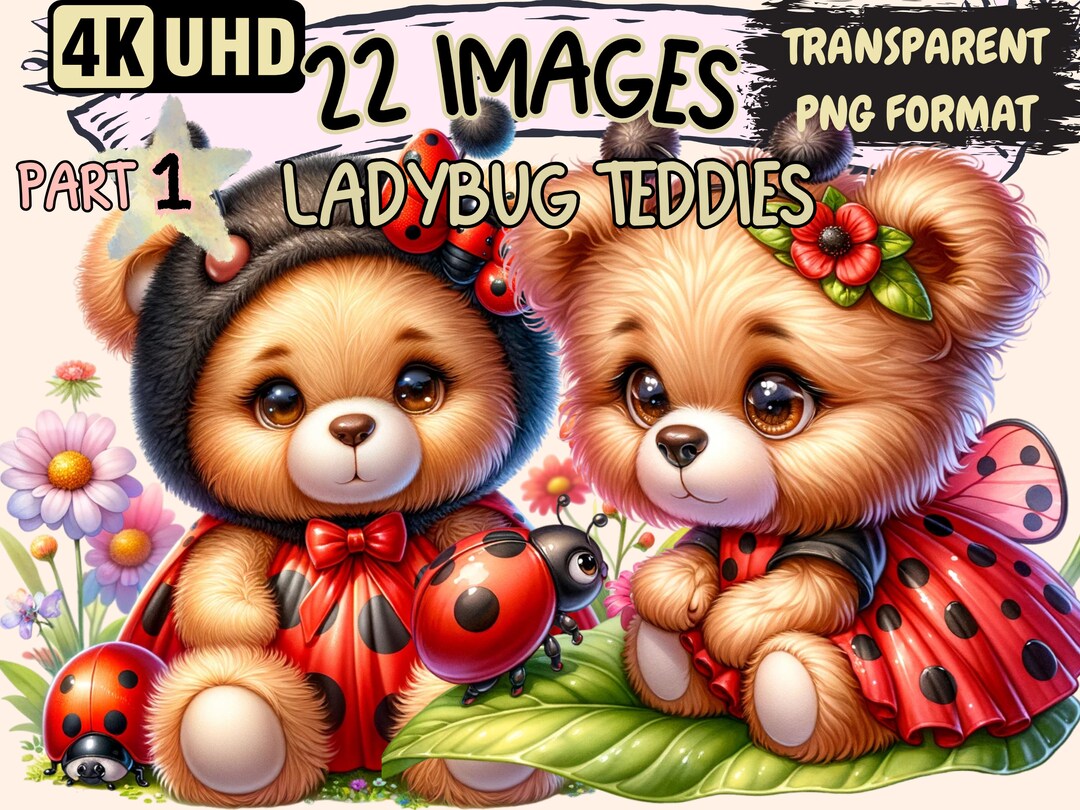 Ladybug Teddies Clipart - 22 PNG Adorable Teddy Bear Graphics, Ladybug ...