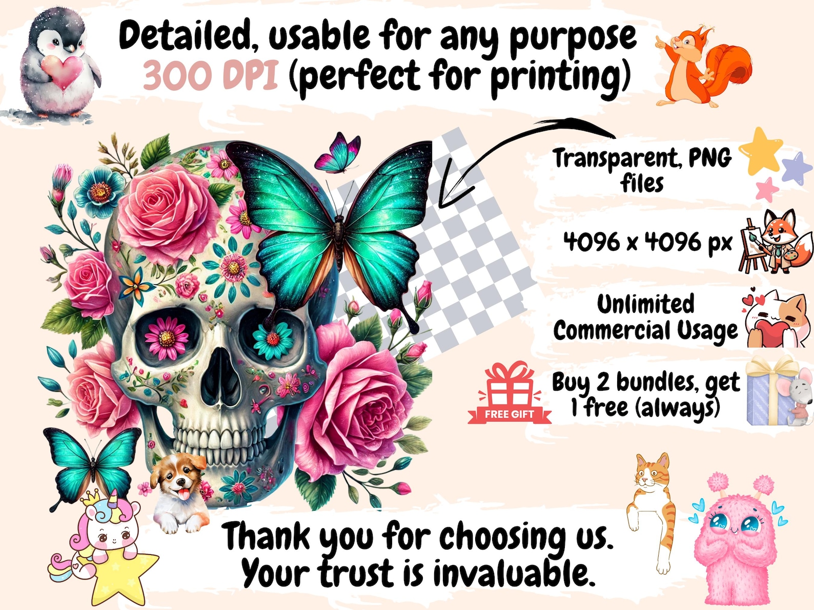 Floral Skulls Clipart – 34 PNG Gothic Art Illustrations (digital ...