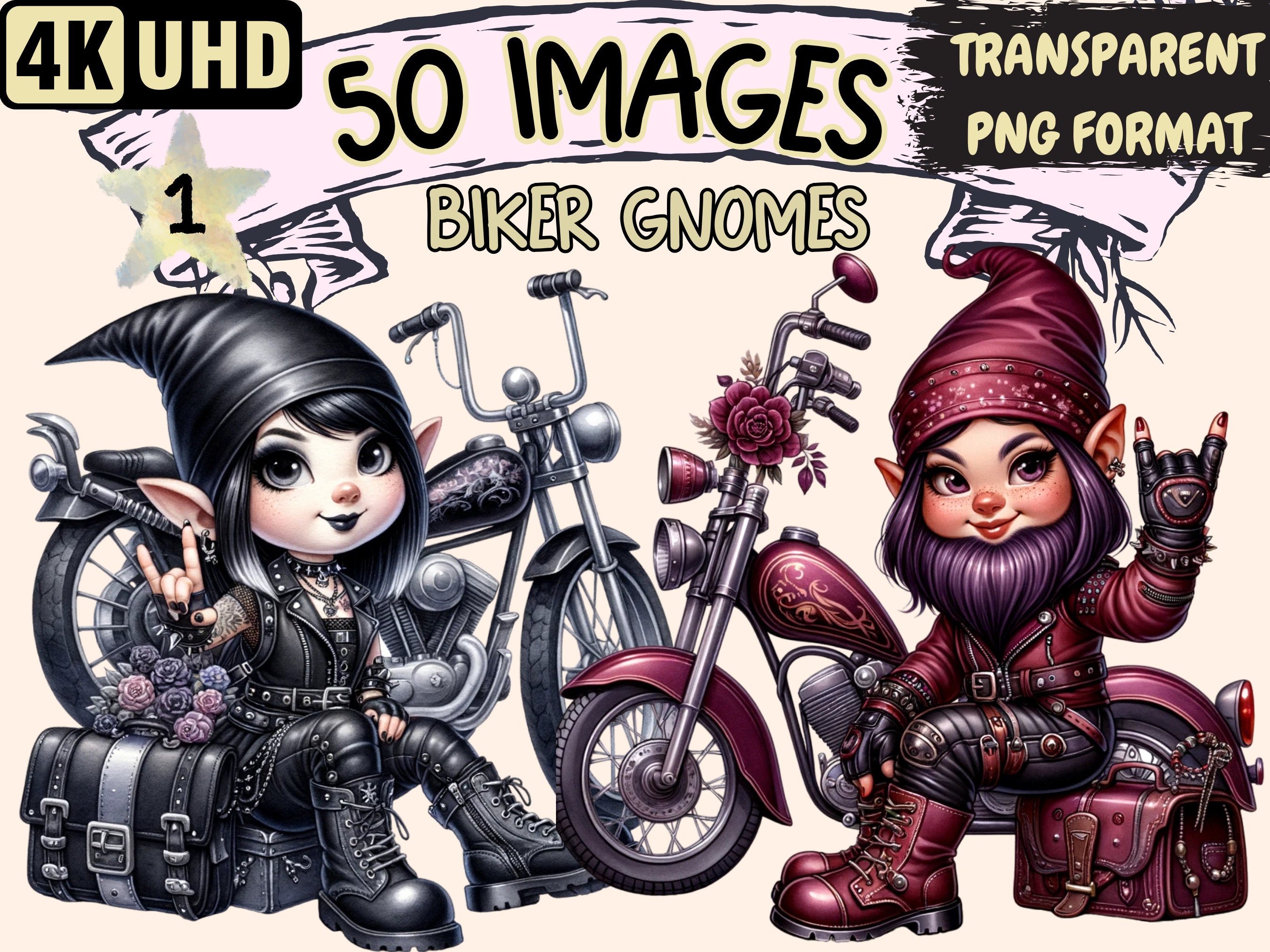 Biker Girl Gnome Clipart - 50 PNG Motorcycle American Gnome Biker, Gnomes Printables, Instant ...