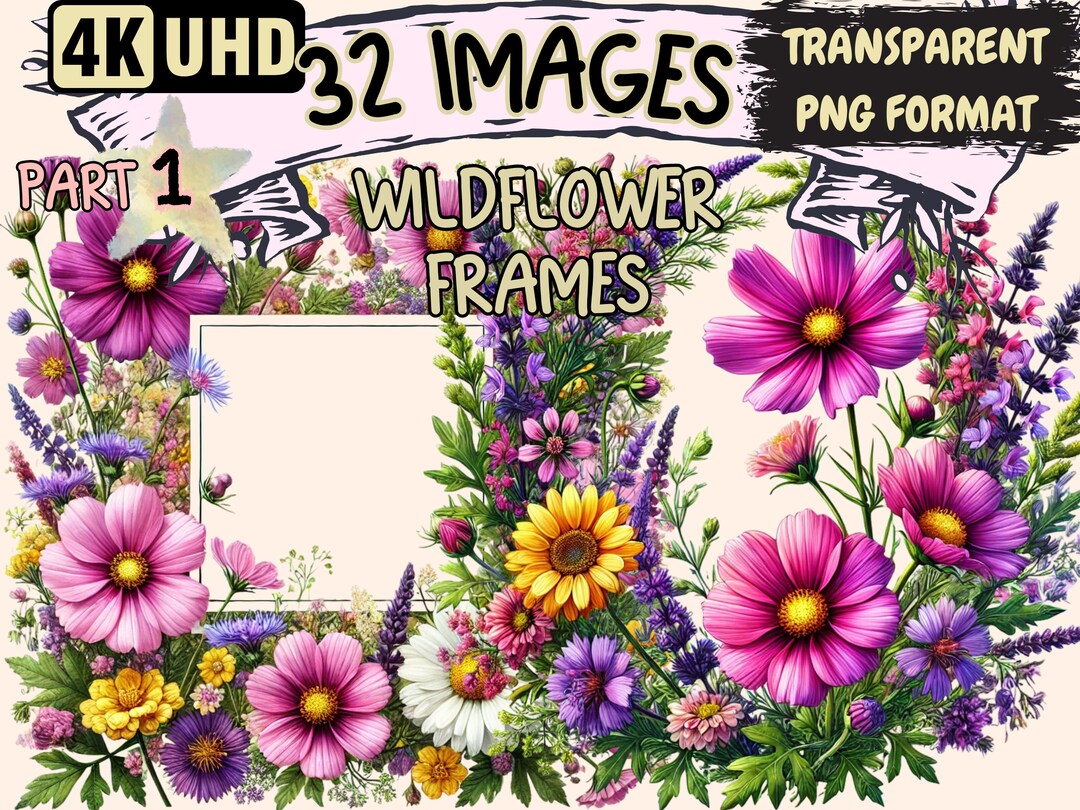 Wildflower Frames Clipart – 32 PNG Floral Graphics (digital Download ...