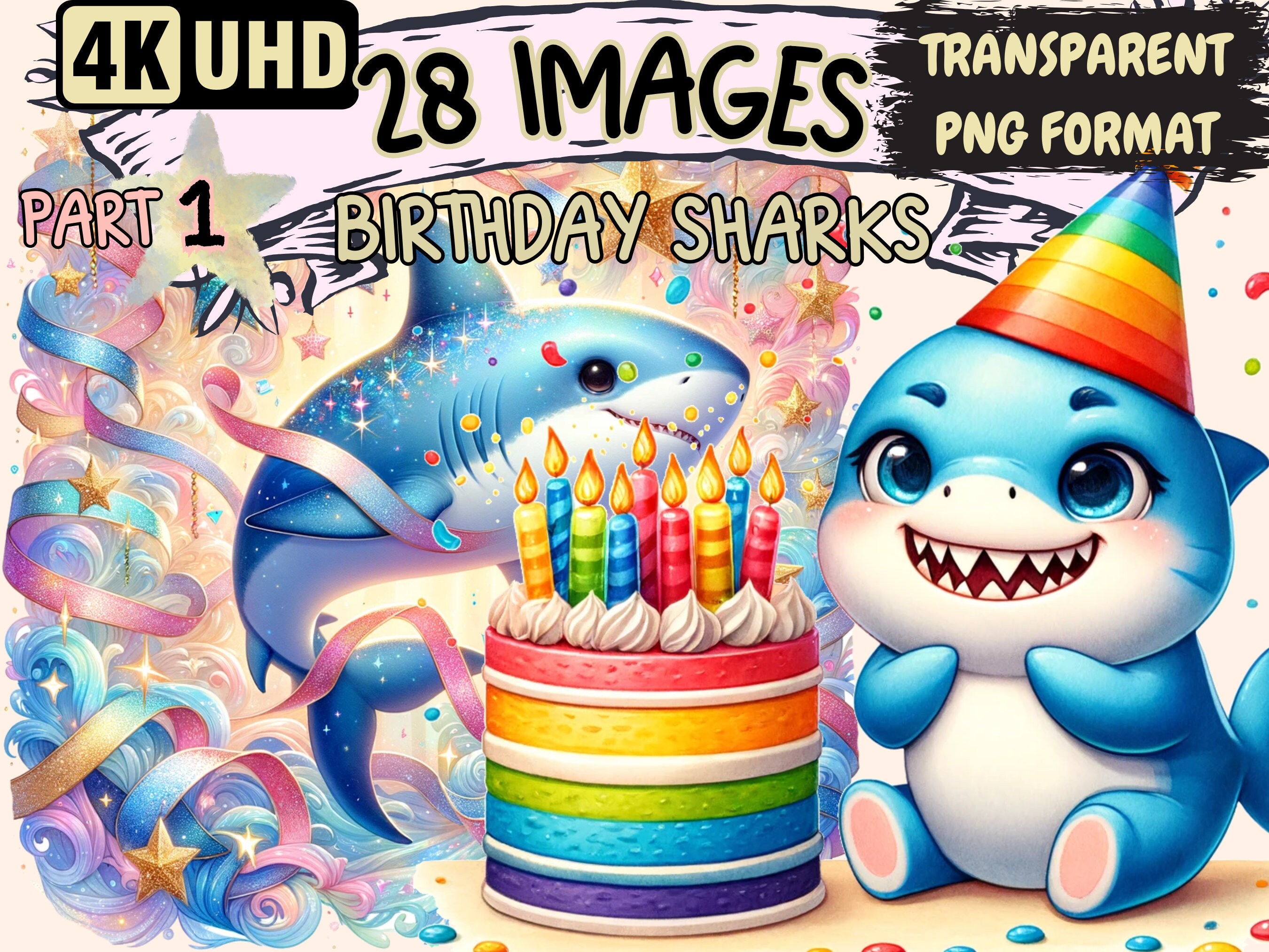 Birthday Sharks Clipart 28 PNG Fun Shark Graphics, Party Shark ...