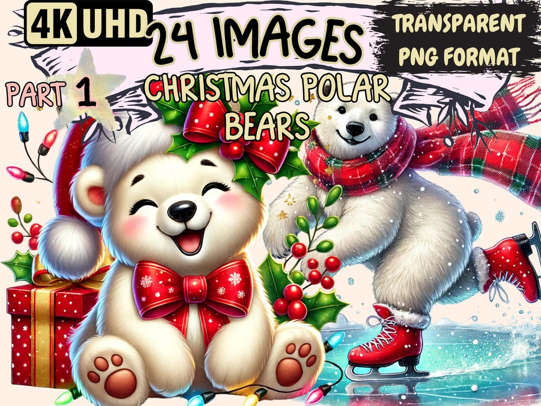 Christmas Polar Bears Clipart - 24 PNG Festive Bear Illustrations ...