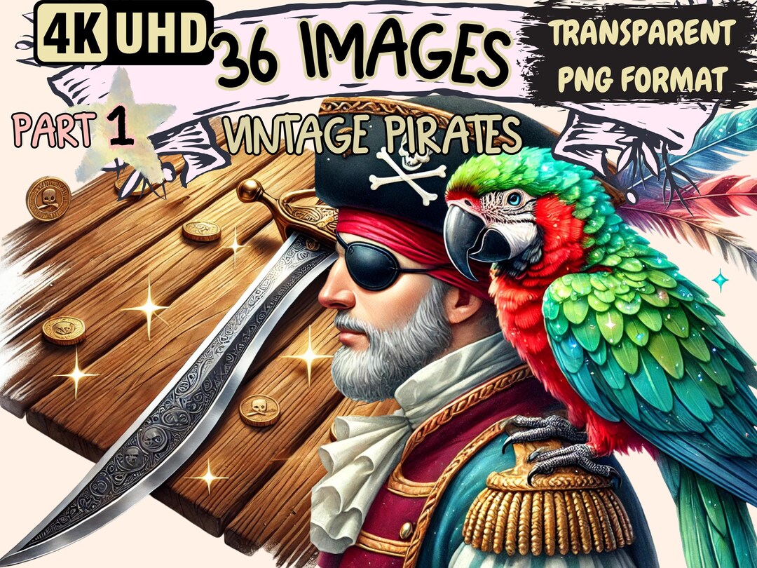 Vintage Pirate Illustrations - 36 PNG Nautical Clipart (digital ...