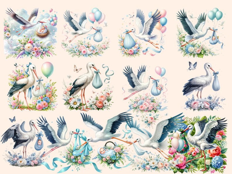 Storks With Babies Clipart – Baby Shower PNG Graphics (digital Download ...
