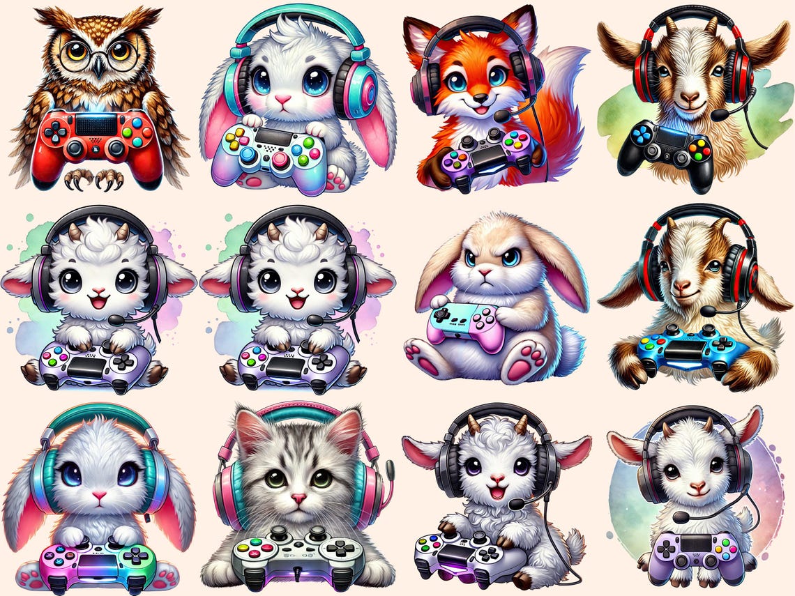 Gamer Animals Clipart – Playful Gaming PNG Illustrations (digital ...