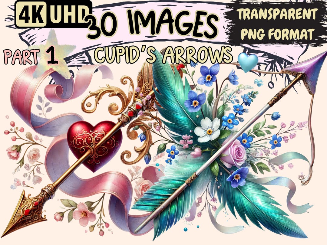 Cupid's Arrows Clipart - 30 PNG Sweet Romantic Arrow Illustrations ...