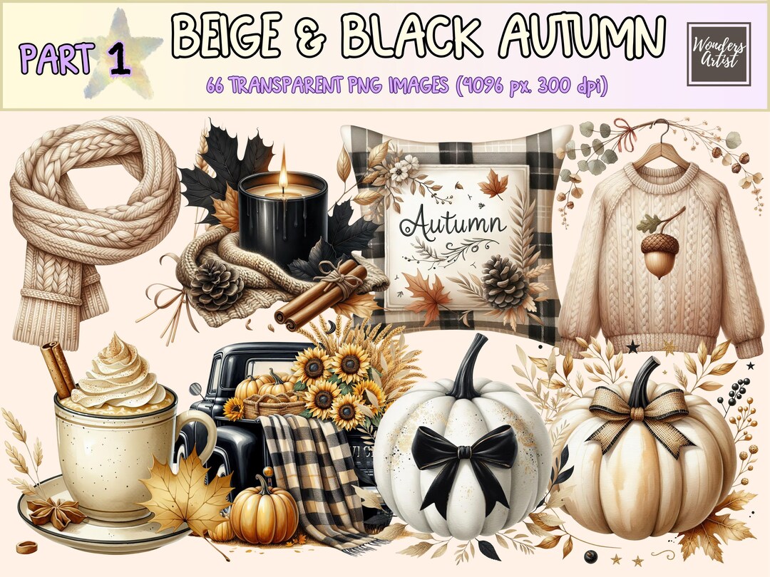 Beige & Black Autumn Clipart: Cozy Fall Graphics (PNG Digital Download ...