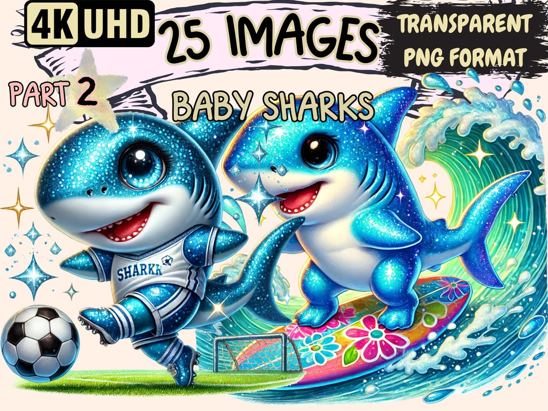 Baby Sharks (P2) Clipart - 25 PNG Cute Shark Illustrations, Adorable ...