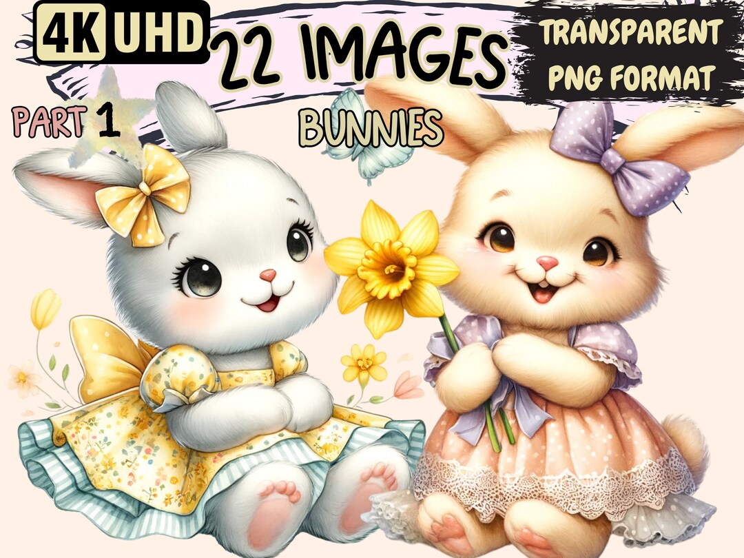 Bunnies Clipart - 22 PNG Cute Spring Bunny Graphics, Adorable Fluffy ...