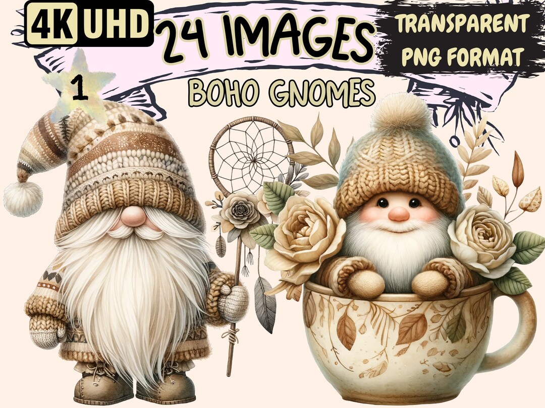 Boho Gnomes Clipart - 24 PNG Bohemian Flowers Cute Gnome Graphics ...