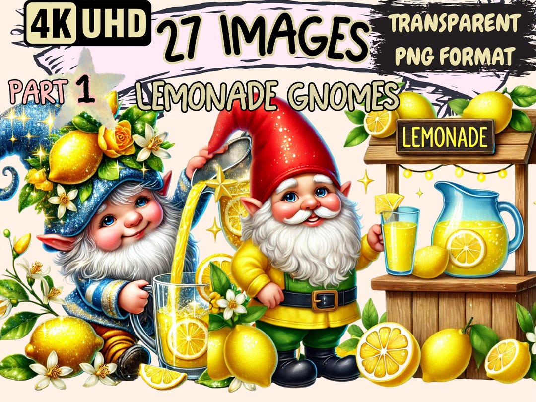 Lemonade Gnomes Clipart - 27 PNG Refreshing Gnome Illustrations, Summer Art, Instant Digital ...