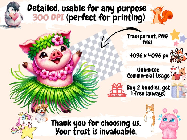 Hula Pigs Clipart – 20 PNG Illustrations, Luau Party (digital Download ...
