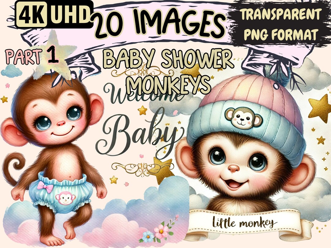 Baby Shower Monkeys Clipart - 20 PNG Adorable Monkey Graphics, Shower ...