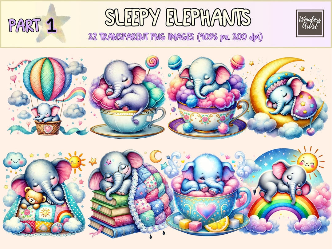 Sleepy Elephants Clipart - 32 PNG Adorable Animal Graphics, Naptime ...