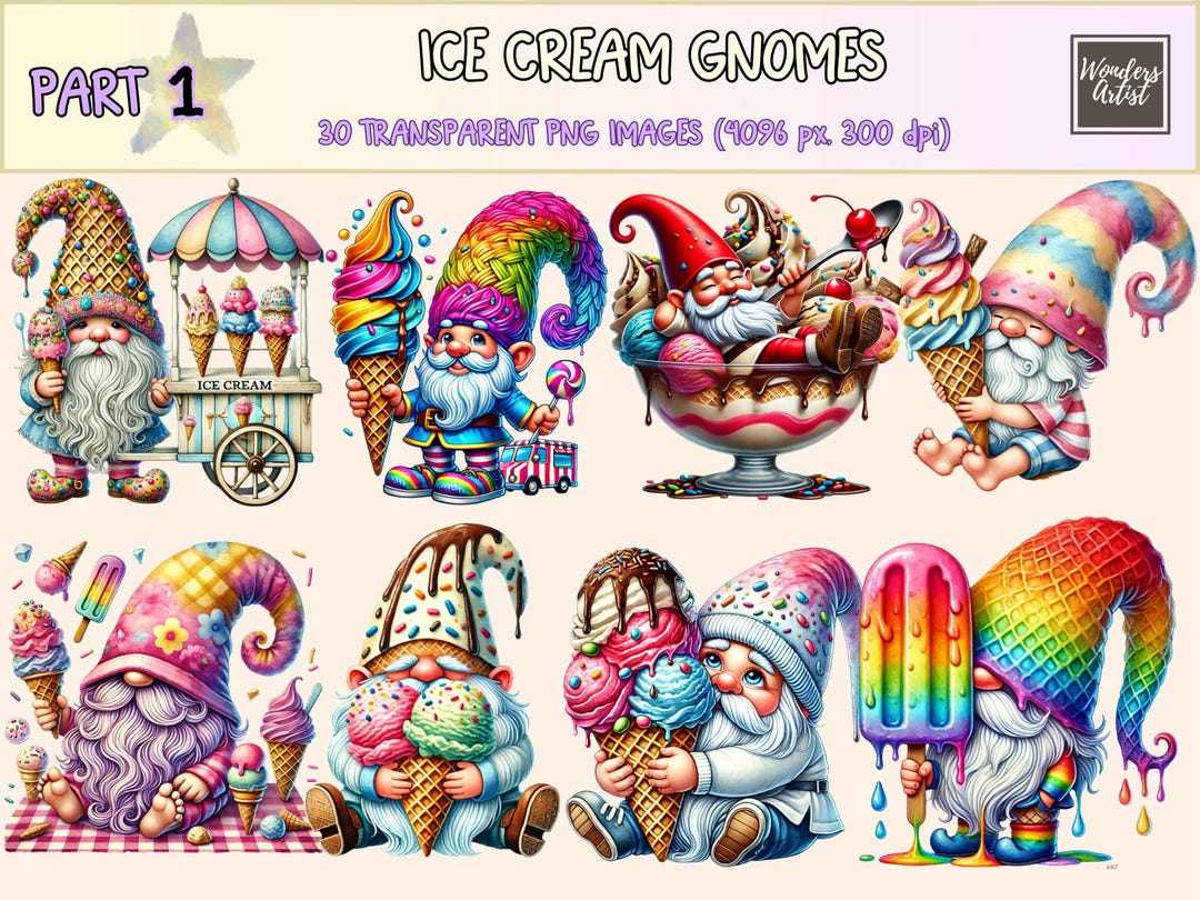 Ice Cream Gnomes Clipart – 30 PNG Summer Dessert Graphics (digital ...