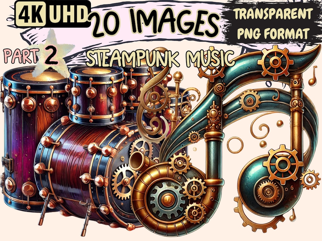 Steampunk Music Clipart – Vintage Instrument PNG Illustrations (digital ...