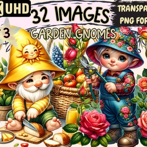 Garden Gnomes (P3) Clipart Bundle - 32 PNG Springtime Gardener Gnome ...