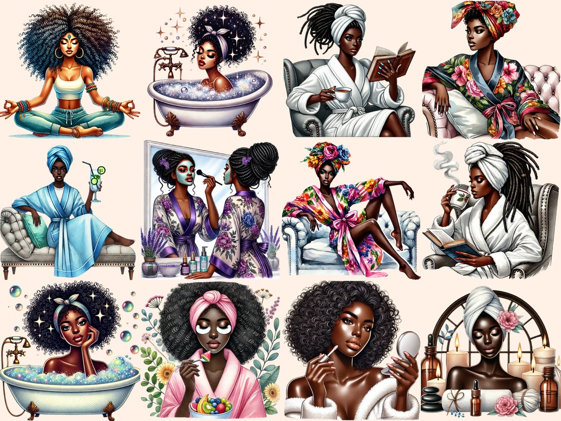 Spa Girls Clipart – African American Relaxing PNG Illustrations ...