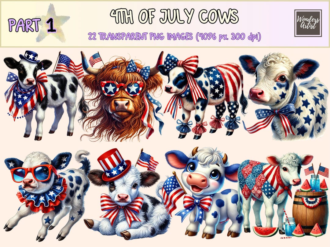 4th of July Cow Clipart – Patriotic Calf PNG Graphics (digital Download ...