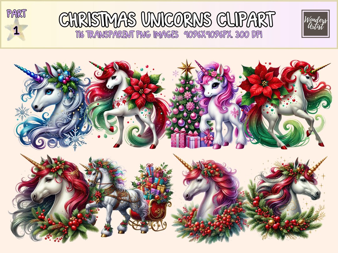 Christmas Unicorns Clipart – 116 Festive PNG Illustrations (digital ...