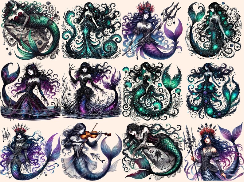 Gothic Mermaids Clipart – Dark Fantasy PNG Illustrations (digital ...