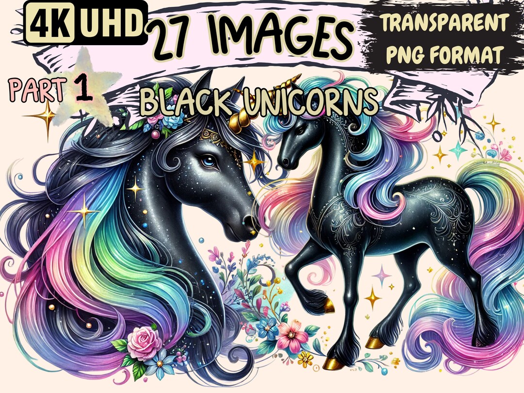 Black Unicorns Clipart - 27 PNG Mystical Unicorn Illustrations, Fantasy ...