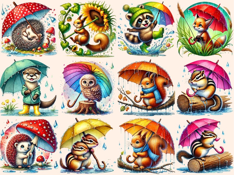 Rainy Day Animals Clipart – 30 PNG Illustrations (digital Download) - Etsy