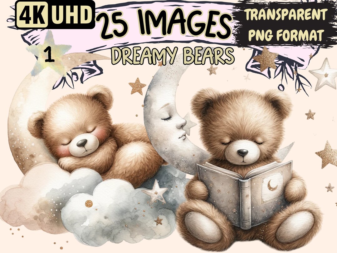 Dreamy Bears Clipart Bundle - 25 PNG Sleepy Teddy Bears Images, Cute ...