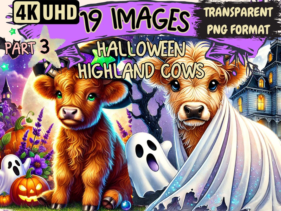 Halloween Highland Cows (P3) Clipart - 19 PNG Spooky Cow Illustrations ...