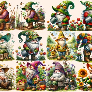 Garden Gnomes Clipart Bundle - 45 PNG Springtime Gardener Gnome, Cute ...