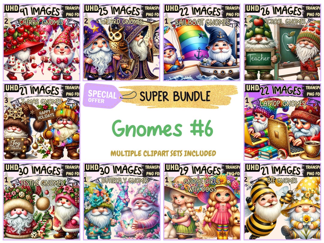 Gnomes #6 SUPER BUNDLE - 25 Clipart Bundles Inside, Cute Whimsical Gnome Graphics, Mega Promo ...