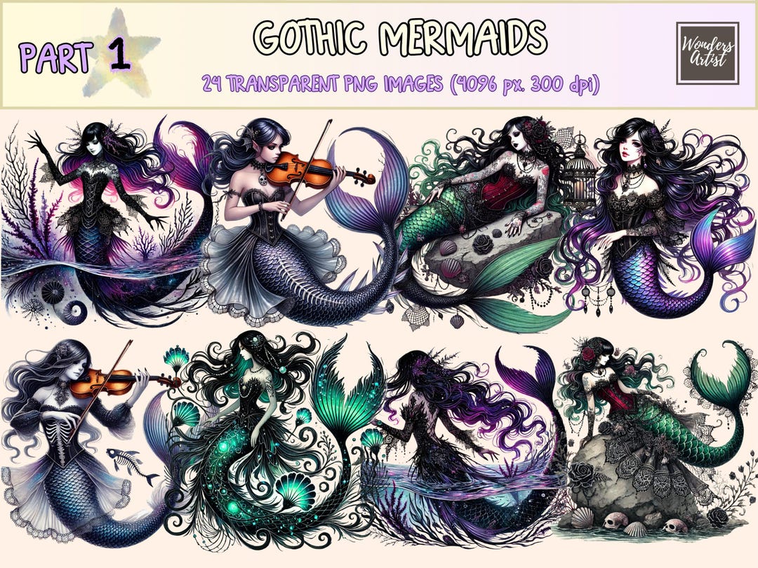 Gothic Mermaids (P1) Clipart - 24 PNG Dark Fantasy Graphics, Mysterious ...
