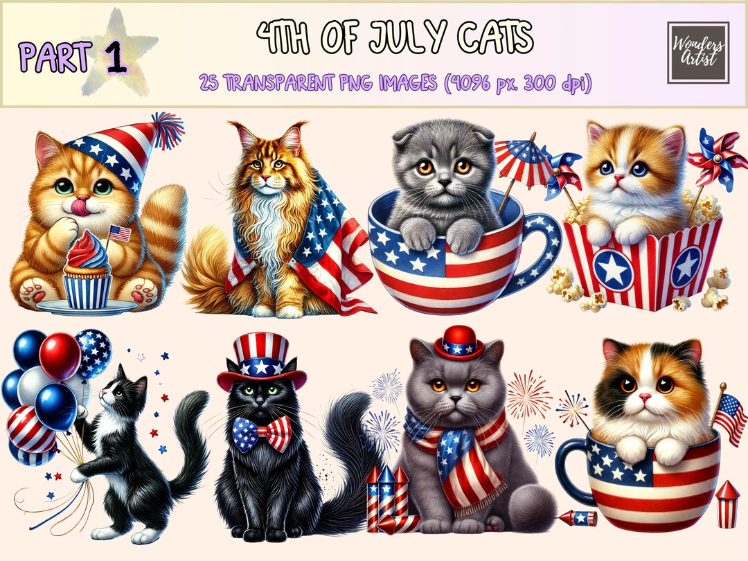 4th of July Cats Clipart - 25 PNG Patriotic Kitten Graphics, Red White ...