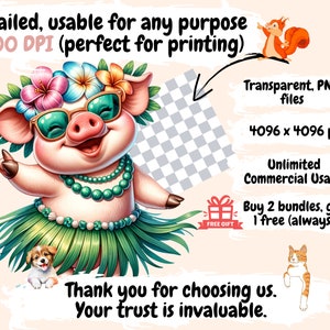 Hula Pigs Clipart - 17 PNG Tropical Pig Graphics, Colorful Hawaii Piggy ...