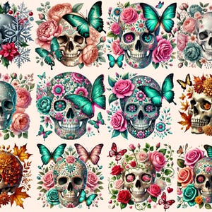 Floral Skulls Clipart - 34 PNG Flower-adorned Skull Illustrations ...