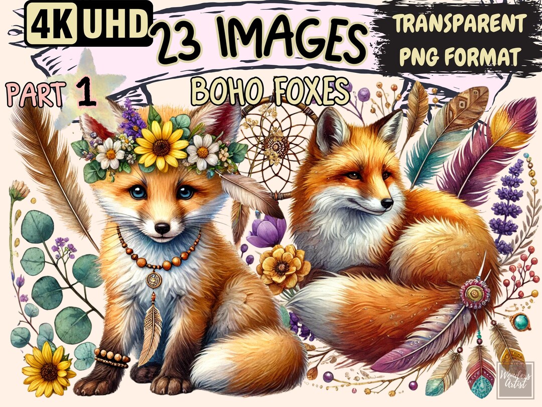 Boho Foxes Clipart - 23 PNG Woodland Animal Graphics, Bohemian Fox ...