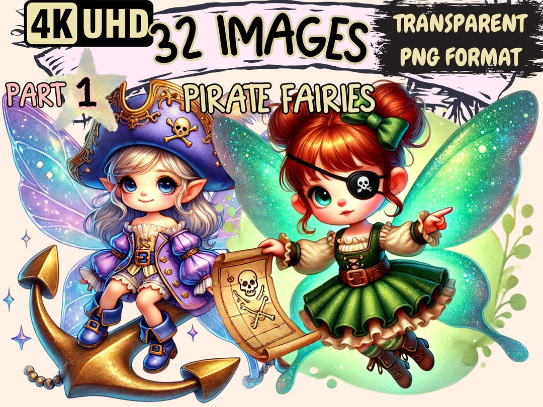 Pirate Fairies Clipart - 32 PNG Whimsical Fairy Illustrations, Fantasy ...