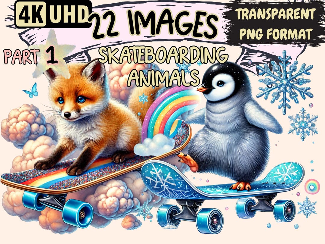 Skateboarding Animals Clipart - 22 PNG Adorable Fun Animal ...