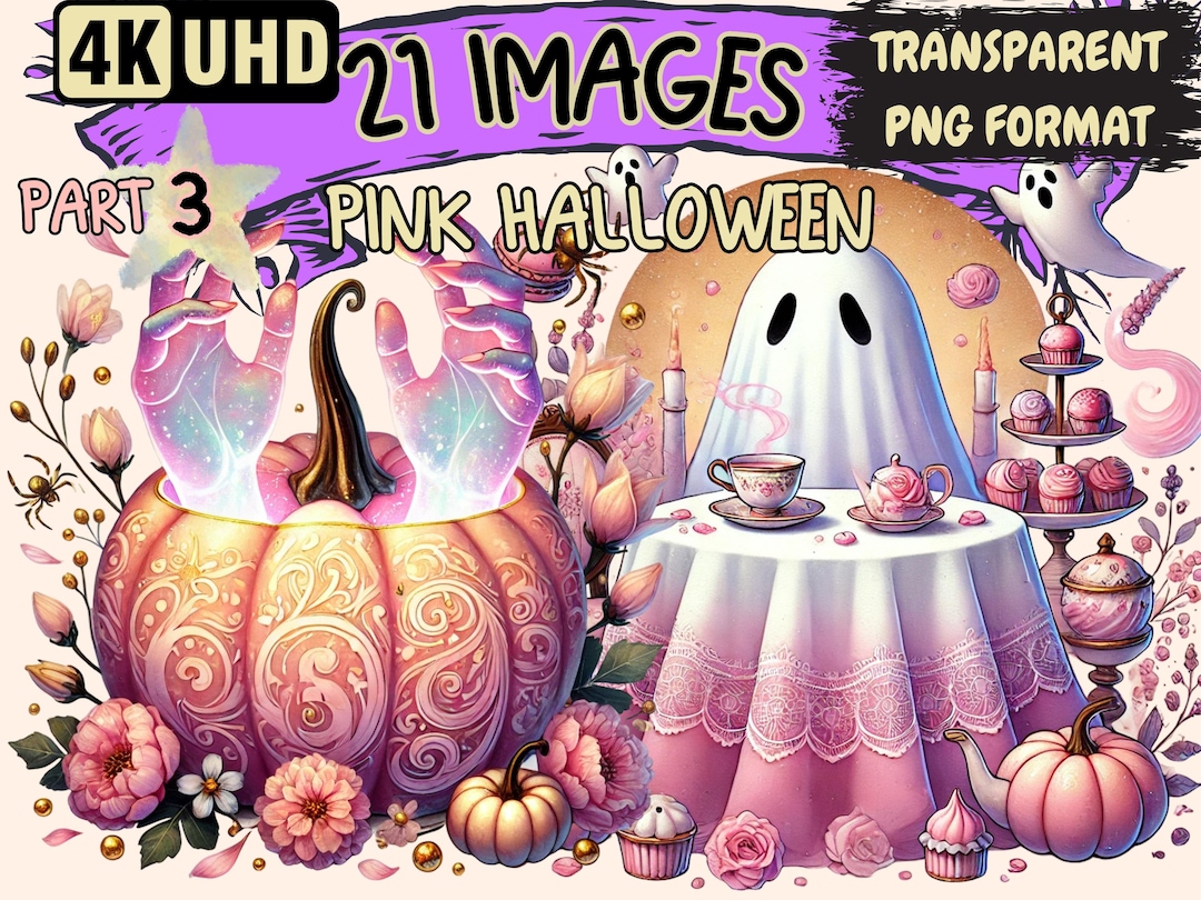 Pink Halloween (P3) Clipart - 21 PNG Cute Spooky Graphics, Pastel ...