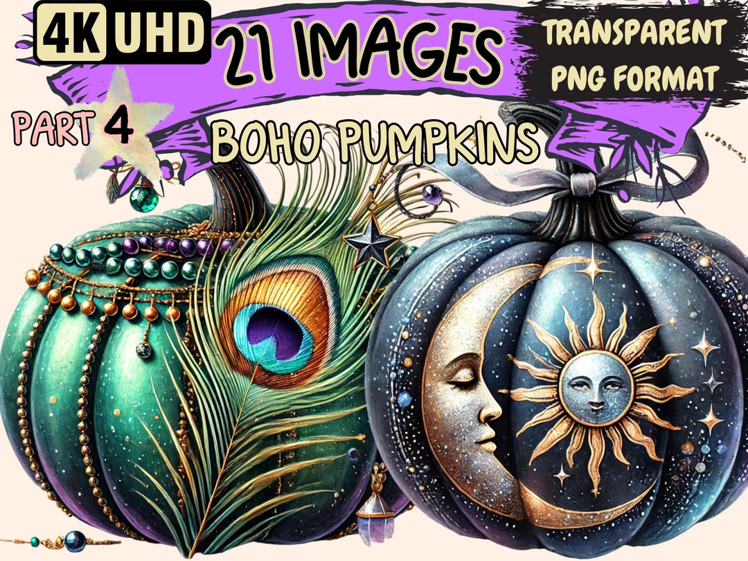 Boho Pumpkins (P4) Clipart - 21 PNG Bohemian Pumpkin Illustrations ...